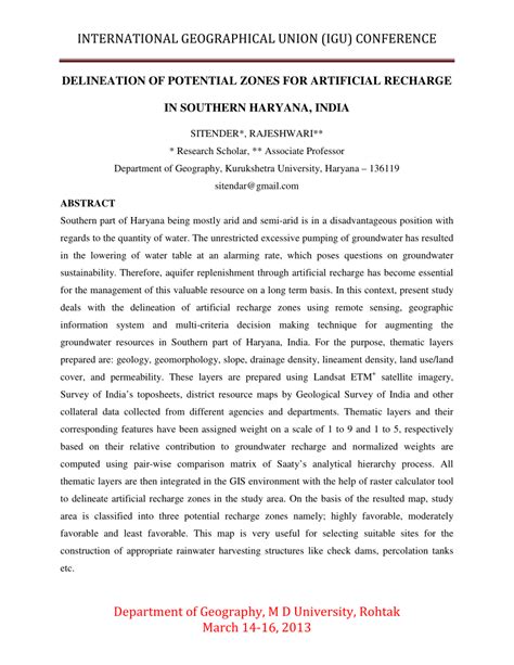 Pdf Delineation Of Potential Zones For Artificial Recharge In