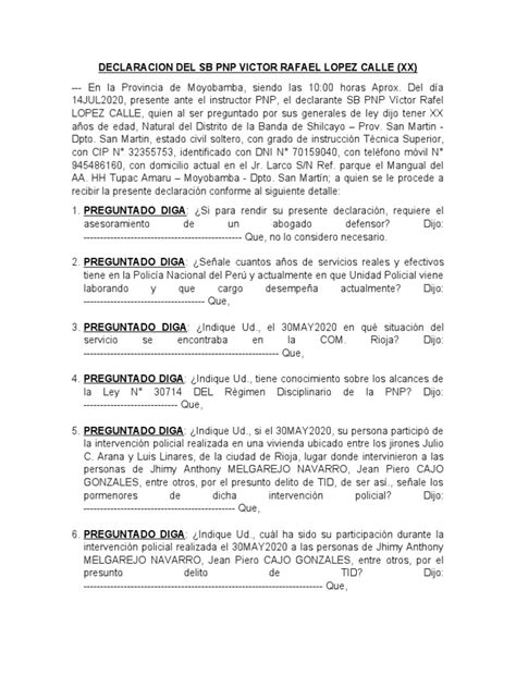 Declaracion Del Sb Pnp Victor Rafael Lopez Calle Pdf