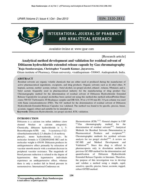 Analytical Method Development And Validation For Residual Solvent Of Diltiazem Hydrochloride