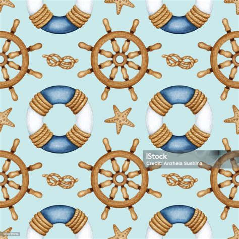 수채화 해상 선박 장비 여행 바다 생물 해양 원활한 패턴 선박 네비게이션 구명 부표 스티어링 휠 로프 매듭 불가사리 손으로 그린 해양 배경 구조에 대한 스톡 벡터 아트 및
