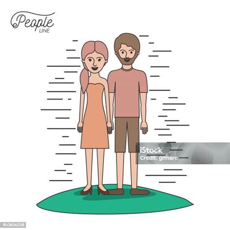 풍자 만화 몇 사람들이 라인 드레스에 사이드 포니 테일 헤어와 함께 여자와 흰색 바탕에 잔디에 수염된 남자 서 캐주얼 옷 2명에 대한 스톡 벡터 아트 및 기타 이미지