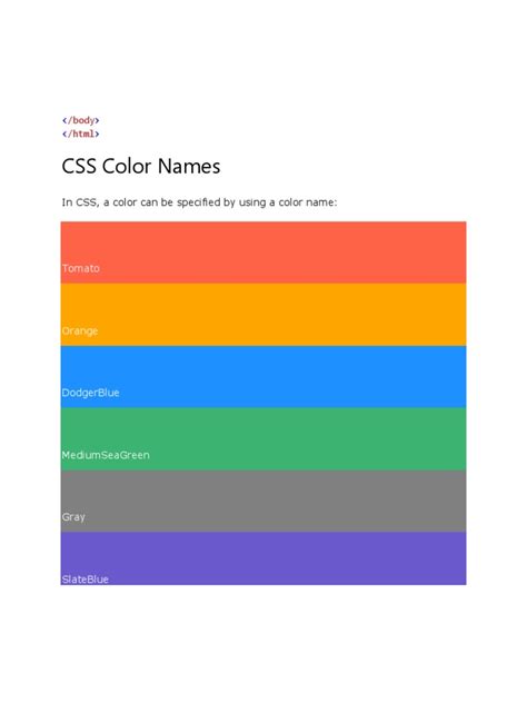 css color names body html pdf