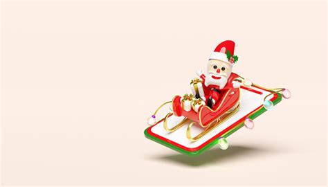 썰매 스마트 폰 모자 홀리 베리 잎 유리 투명 램프 화환 선물 상자 파티 배너와 3d 산타 클로스 메리 크리스마스와 새해 복 많이 받으세요 온라인 쇼핑 3d 렌더링 일러스트
