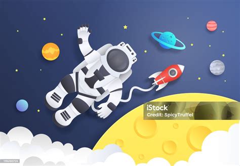 용지 절단 공간입니다 우주선 별과 행성 은하계의 우주인과 우주에서 만화 우주 비행사 우주 비행사와 벡터 배경 로켓에 대한 스톡 벡터 아트 및 기타 이미지 Istock