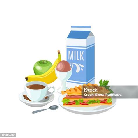 삶은 달걀 토스트 빵 과일 우유를 곁들인 커피샌드위치로 구성된 아침 식사를 맛보세요 클래식 한 호텔 아침 메뉴 포스터 세트 브런치 건강한 시작 일 옵션 음식 벡터