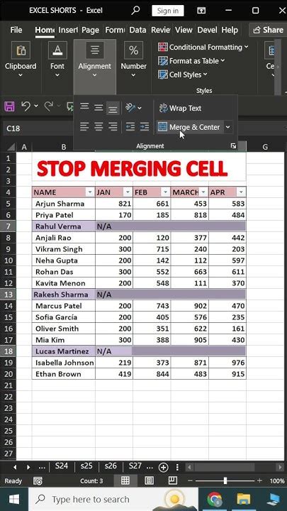 Excel Merge And Unmerge Exceltech Shorts Videos Exceltips Ms Excel