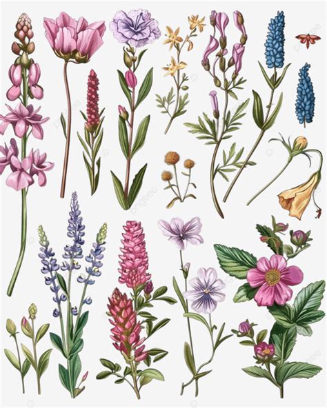 빅토리아 시대의 빈티지 포스터 디자인 스타일의 다양한 종류의 꽃 세트 상세한 나뭇잎 빈티지 매력 자연에서 영감을 받은 작품 포도 수확 꽃무늬 복고풍 Png 일러스트 및