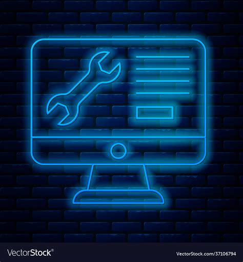 Glowing Neon Line Computer Monitor With Wrench Vector Image