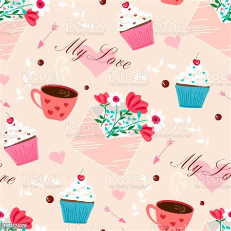 발렌타인 데이 사랑 개념 귀여운 벡터 일러스트레이션 원활한 패턴 하트 사랑 꽃 봉투 화살표 커피 잔 컵 케이크 2월 14일 휴일 질감 디자인 배경 14에 대한 스톡 벡터