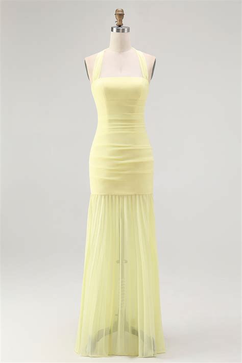 Zapakasa Women Simple Yellow Chiffon Long Wedding Guest Dress Halter