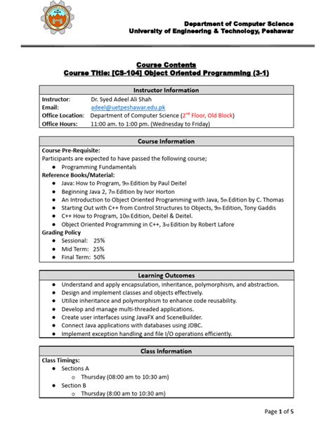 Object Oriented Programming Cs 104 Course Contents Pdf Method