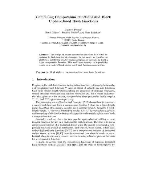 Pdf Combining Compression Functions And Block Cipher Based Hash Functions