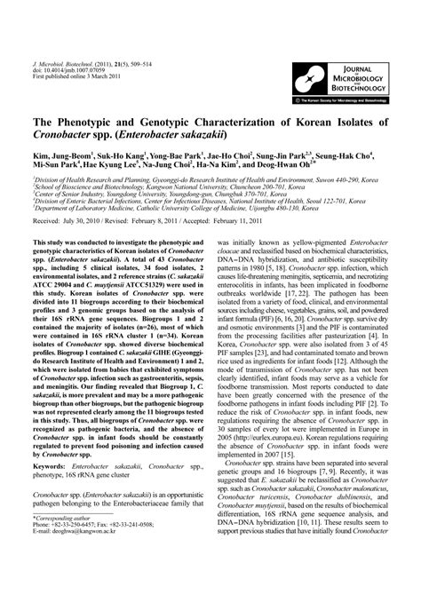 Pdf The Phenotypic And Genotypic Characterization Of Korean Isolates Of Cronobacter Spp