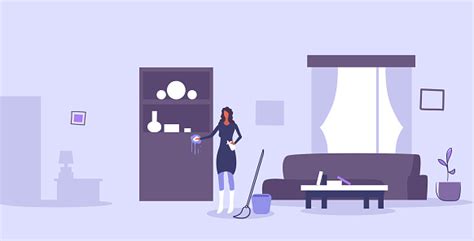 주부 청소 가구 소녀 닦아 먼지와 먼지 를 닦아 먼지 와 스프레이 가정용 개념 여자 일을 집안일 현대 거실 인테리어 수평 전체 길이 가구에 대한 스톡 벡터 아트 및 기타