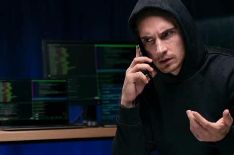 Premium Photo Close Up Hacker Talking On Phone