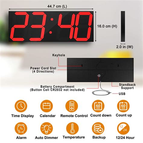 Chkosda Digital Led Wall Clock Oversize Wall Clock With 6” Numbers Remote Control Count Up