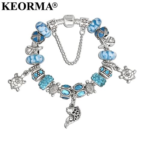 Keorma 오션 스타일 불가사리 매력 팔찌 여성용 블루 무라노 유리 구슬 바다 물고기 And 거북이 팔찌 And 팔찌 Diy 쥬얼리bracelets Forturtle