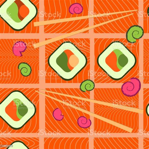 연어 필레와 매끄러운 패턴 붉은 살고기 스시 패턴입니다 광고 초밥과 롤 아시아 음식 일본 요리 건강한 식생활에 대한 스톡 벡터