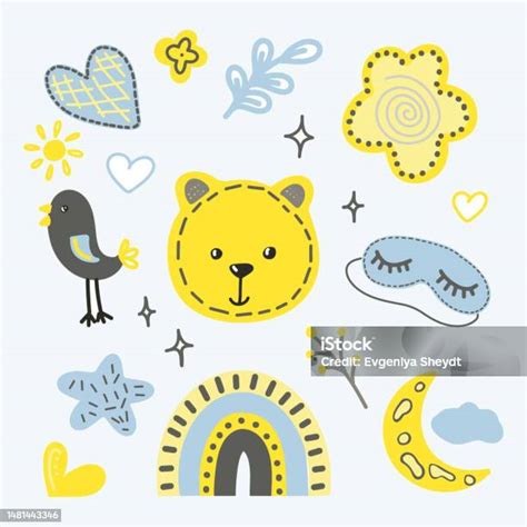 귀여운 아기와 아이 그래픽 현대적인 스타일의 삽화 무지개 구름 별 곰과 수면 마스크 하늘에 새 포스터 인사말 카드 초대장 의류 0명에 대한 스톡 벡터 아트 및 기타 이미지