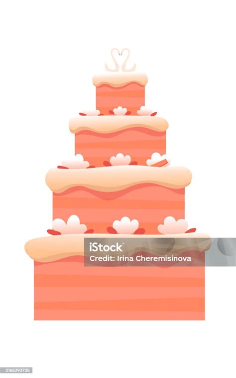 꽃 아이콘과 웨딩 복숭아 케이크 생일 파티나 기념일 결혼 축하에 딱 붙는 달콤한 디저트 흰색 배경에 고립 된 평면 벡터 일러스트 레이 션 3차원 형태에 대한 스톡 벡터 아트