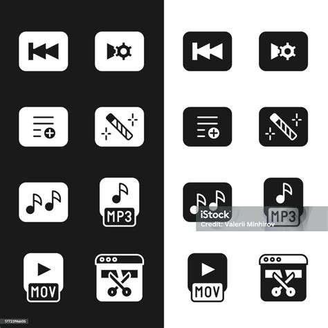 사진 수정 재생 목록 추가 되감기 버튼 음악 또는 비디오 설정 메모 톤 Mp3 파일 비디오 레코더 편집기 및 Mov 아이콘을 설정합니다 벡터 Mp3 플레이어에 대한 스톡