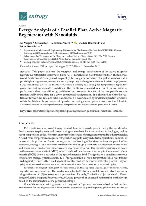 Pdf Exergy Analysis Of A Parallel Plate Active Magnetic Regenerator