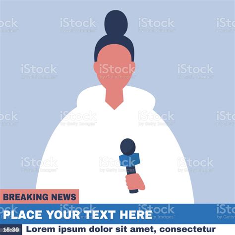 뉴스 속보 젊은 여성 기자는 마이크를 들고 이랑입니다 공간에 복사 합니다 평면 편집 가능한 벡터 일러스트 레이 션 클립 아트 마이크에 대한 스톡 벡터 아트 및 기타 이미지