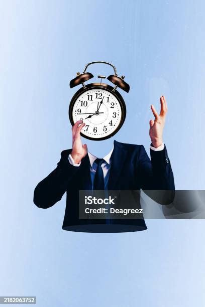 복합 트렌드 아트 워크 3d 스케치 이미지 캐리커처 초상화 콜라주 젊은 남자 머리가없는 시계 시간 마감 시간 본사 관리자 제어 경계에 대한 스톡 사진 및 기타 이미지