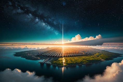 Голубое небо город белые облака обои фон небо полное звезд млечный путь с видом Премиум Фото