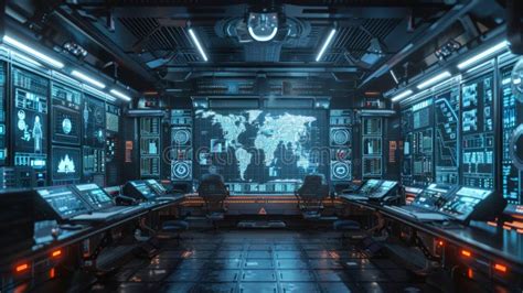 Futuristic Command Center Advanced Control Room Monitoring Global Logistics And Production