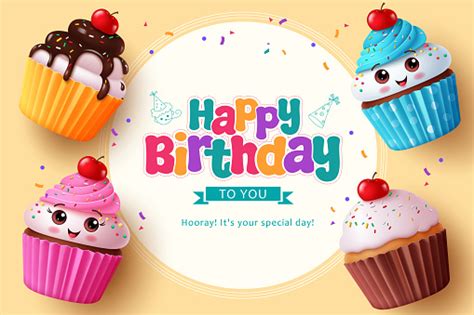 생일 축하 컵케익 벡터 템플릿 디자인입니다 딸기 초콜릿 블루베리 맛의 생일 컵 케이크 캐릭터 기념일에 대한 스톡 벡터 아트 및 기타 이미지 Istock