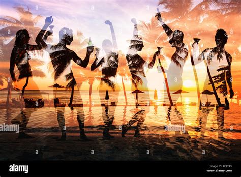 Beach Party Double Exposure Group Of Young People Dancing Friends Drinking Beer And Cocktails