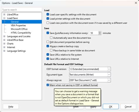 reset confirm file format setting english ask libreoffice