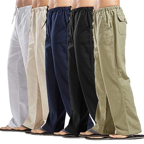 Linen Pants Trousers Mens Summer Casual Elastic Waist Loose Male Solid