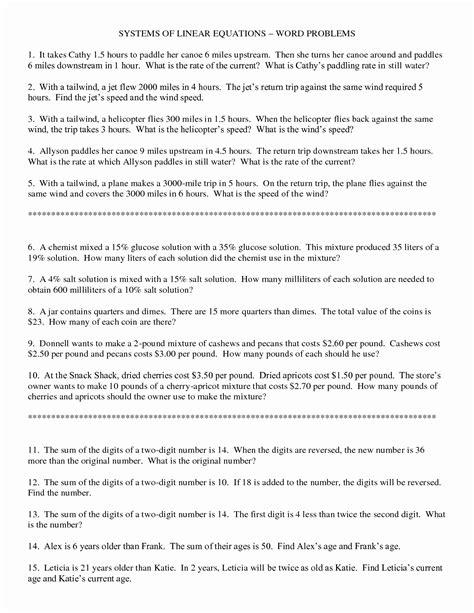 Linear Word Problems Worksheet