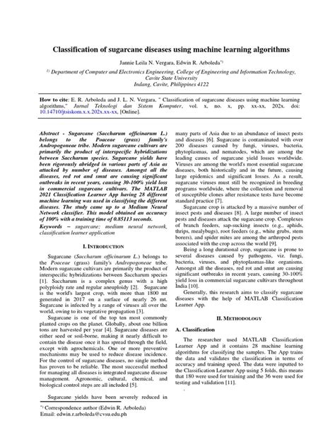 Classification Of Sugarcane Diseases Using Machine Learning Algorithms Pdf Sugarcane