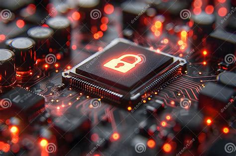 Cybersecurity Technology Concept Glowing Red Lock On Microchip For Secure Data Protection