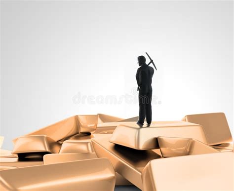 Tiny Man With A Pickaxe On Top Of A Pile Of Gold Stock Illustration
