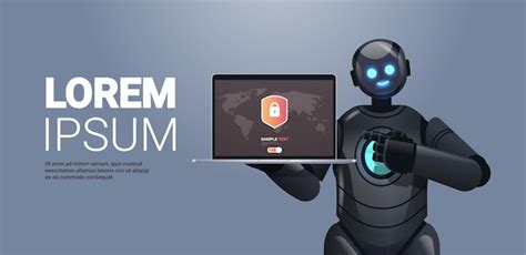 Premium Vector Modern Black Robot Cyborg Holding Laptop With Protection Shield Cyber Security