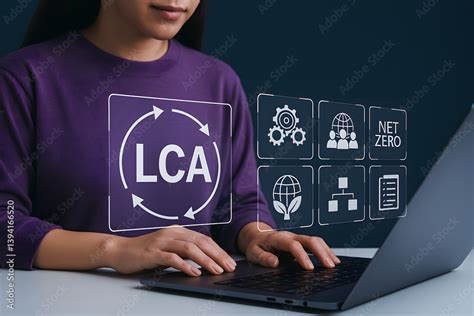 Woman Using Laptop With Lca Dashboard Life Cycle Assessment Interface Environmental Impact