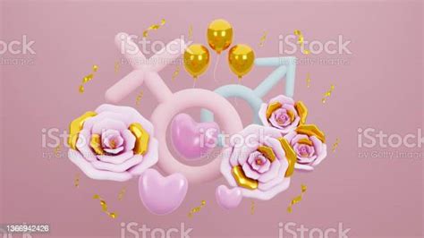 핑크 파스텔 배경에 장미와 성별 기호의 해피 발렌타인 데이 3d 렌더링 2월에 대한 스톡 사진 및 기타 이미지 2월 3차원