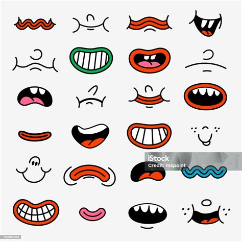 복고풍 만화 재미있는 입 그루비 빈티지 30 대 60 대 70 년대 다양한 감정의 웃는 입 0명에 대한 스톡 벡터 아트 및 기타 이미지 Istock