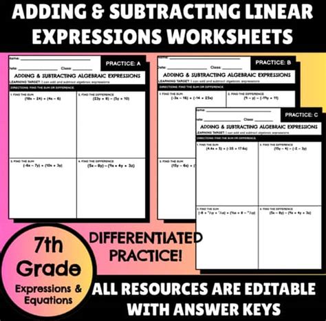 adding and subtracting linear expressions worksheets differentiated 3 levels