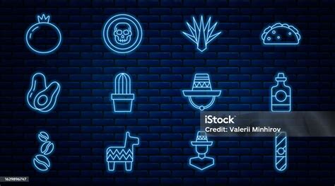 세트 라인 시가 데킬라 병 용설란 선인장 또는 냄비에 즙이 많은 아보카도 과일 토마토 멕시코 솜브레로 및 해골 동전 아이콘 벡터 0명에 대한 스톡 벡터 아트 및 기타 이미지