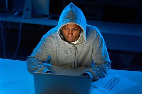 Premium Photo Black Man Night Or Hacker With Laptop For Cybercrime Malware Or Phishing For