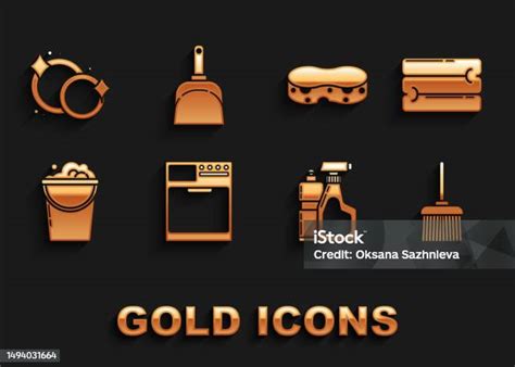 세탁기 수건 더미 손잡이 빗자루 액체 식기 세척액용 플라스틱 병 거품 거품이 있는 양동이 스폰지 설거지 및 쓰레받기 아이콘을 설정합니다 벡터 가사 집안일에 대한 스톡 벡터