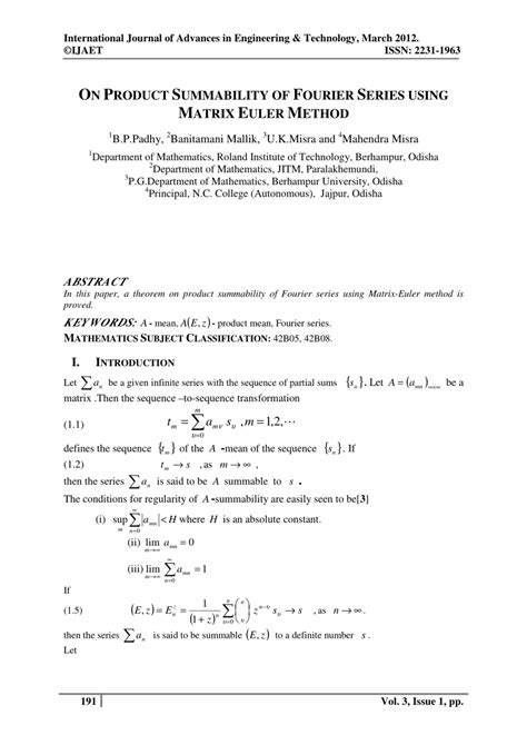 Pdf On Product Summability Of Fourier Series Using Matrix Euler Method