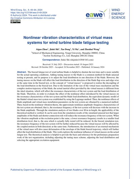 Pdf Nonlinear Vibration Characteristics Of Virtual Mass Systems For Wind Turbine Blade Fatigue