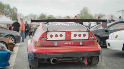 Krsko Slovenia October 2022 Tuned Honda Crx Racing Car With Big Spoiler Tracking From Rear