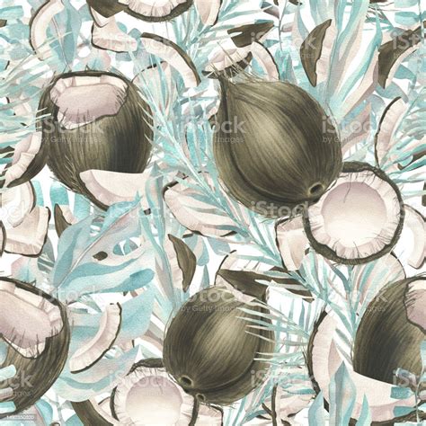 열대 청록색은 다양한 모양과 코코넛 조각으로 나뭇잎을 남깁니다 수채화 그림입니다 Coconut 컬렉션의 매끄러운 패턴 직물 직물 벽지 포장 메뉴 조리법 건강한 식생활에 대한